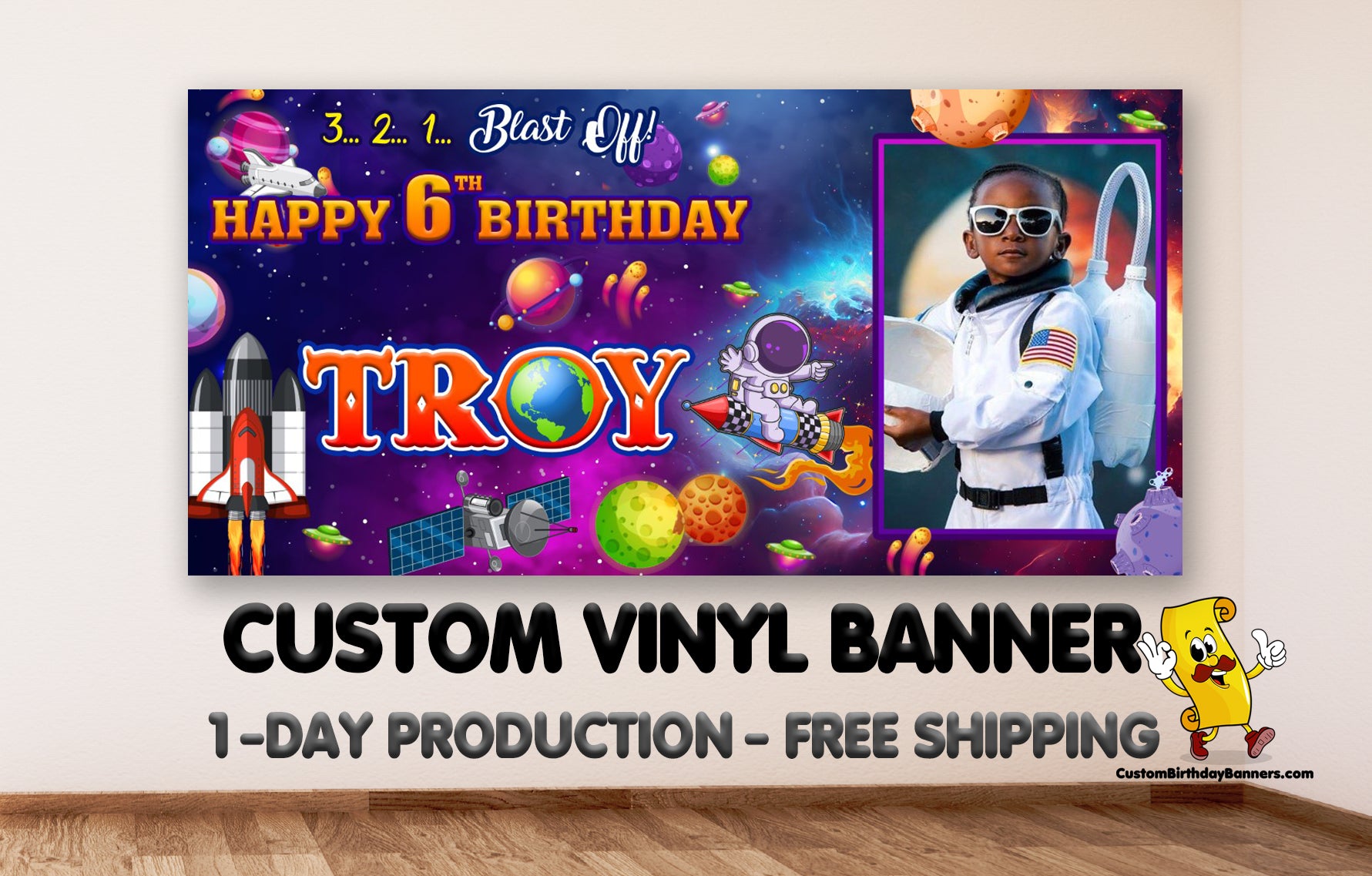 Outer Space Personalized Birthday Banner With Photo – Custom Birthday ...